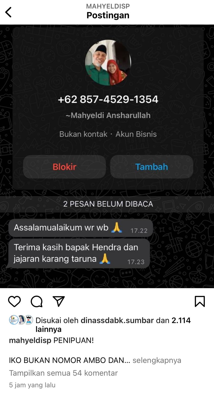 [HOAKS], Cek Fakta: Pencatutan Nama Gubernur Sumbar di WhatsApp Murni untuk Penipuan